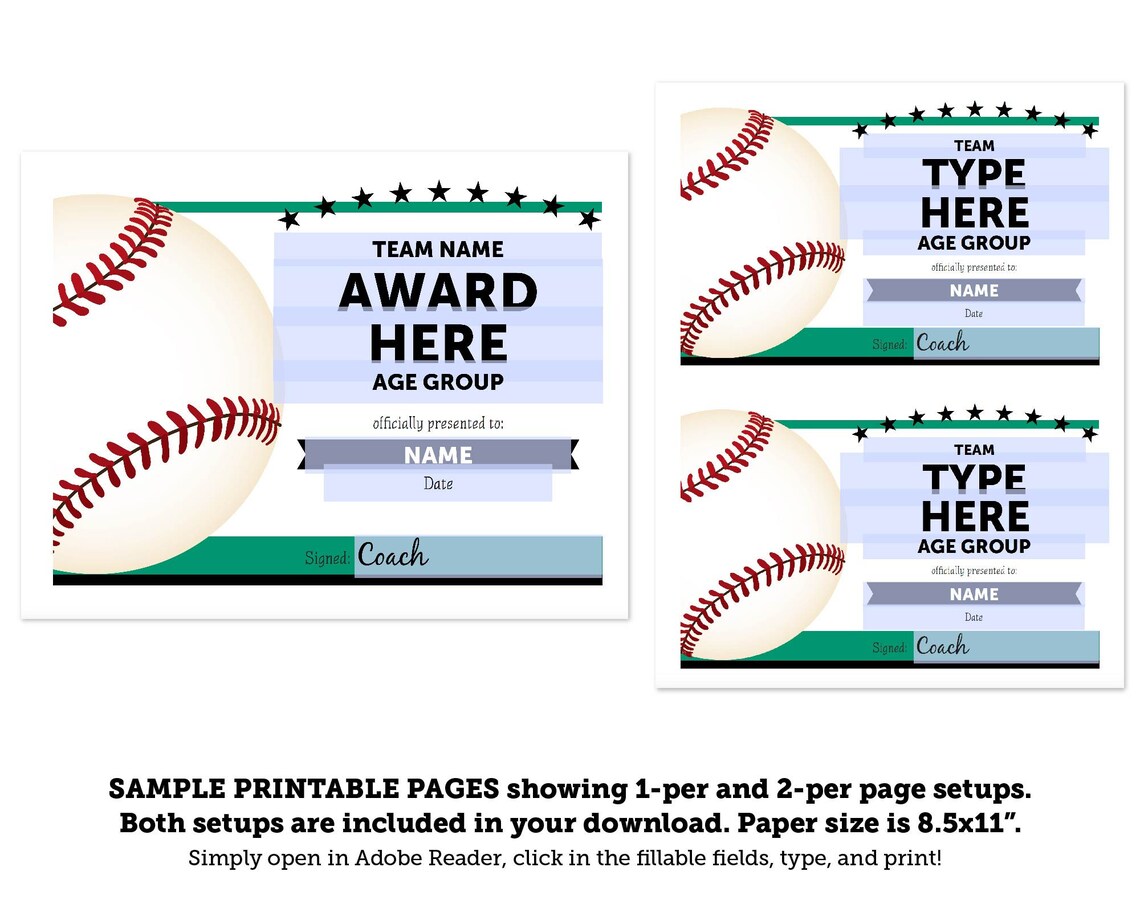 Editable Baseball Award Certificates INSTANT DOWNLOAD | Etsy