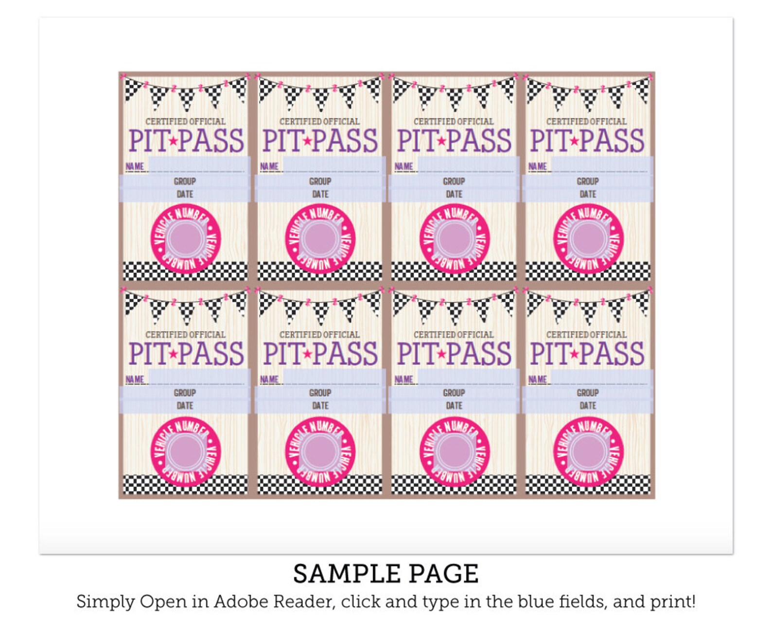 Editable Powder Puff Derby Pit Passes - INSTANT DOWNLOAD PRINTABLE ...