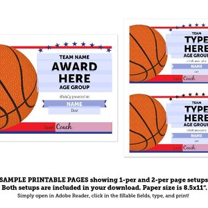 Editable Basketball Award Certificates INSTANT DOWNLOAD PRINTABLE Red ...