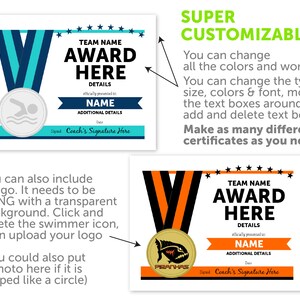 ANY COLORS Editable Swimming Awards Certificates | Online Template ...
