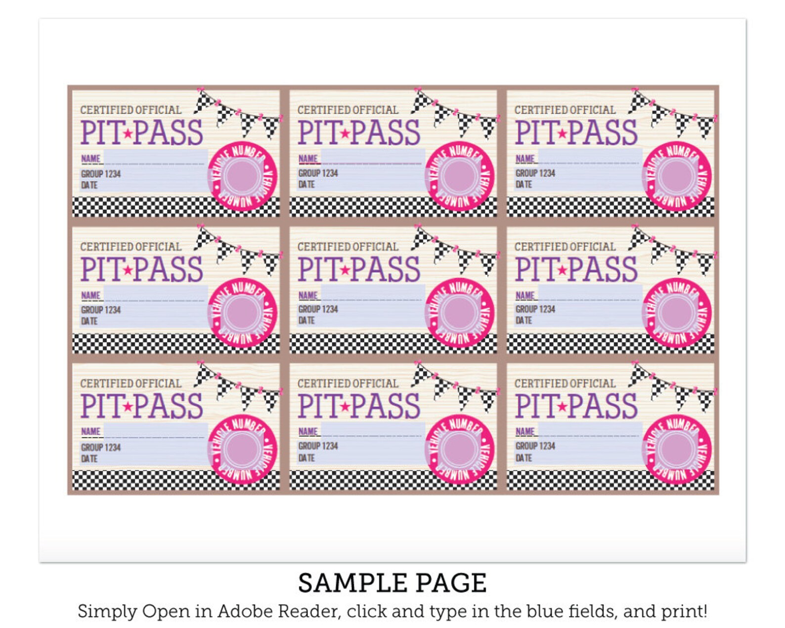 Editable Powder Puff Derby Pit Passes - INSTANT DOWNLOAD PRINTABLE ...
