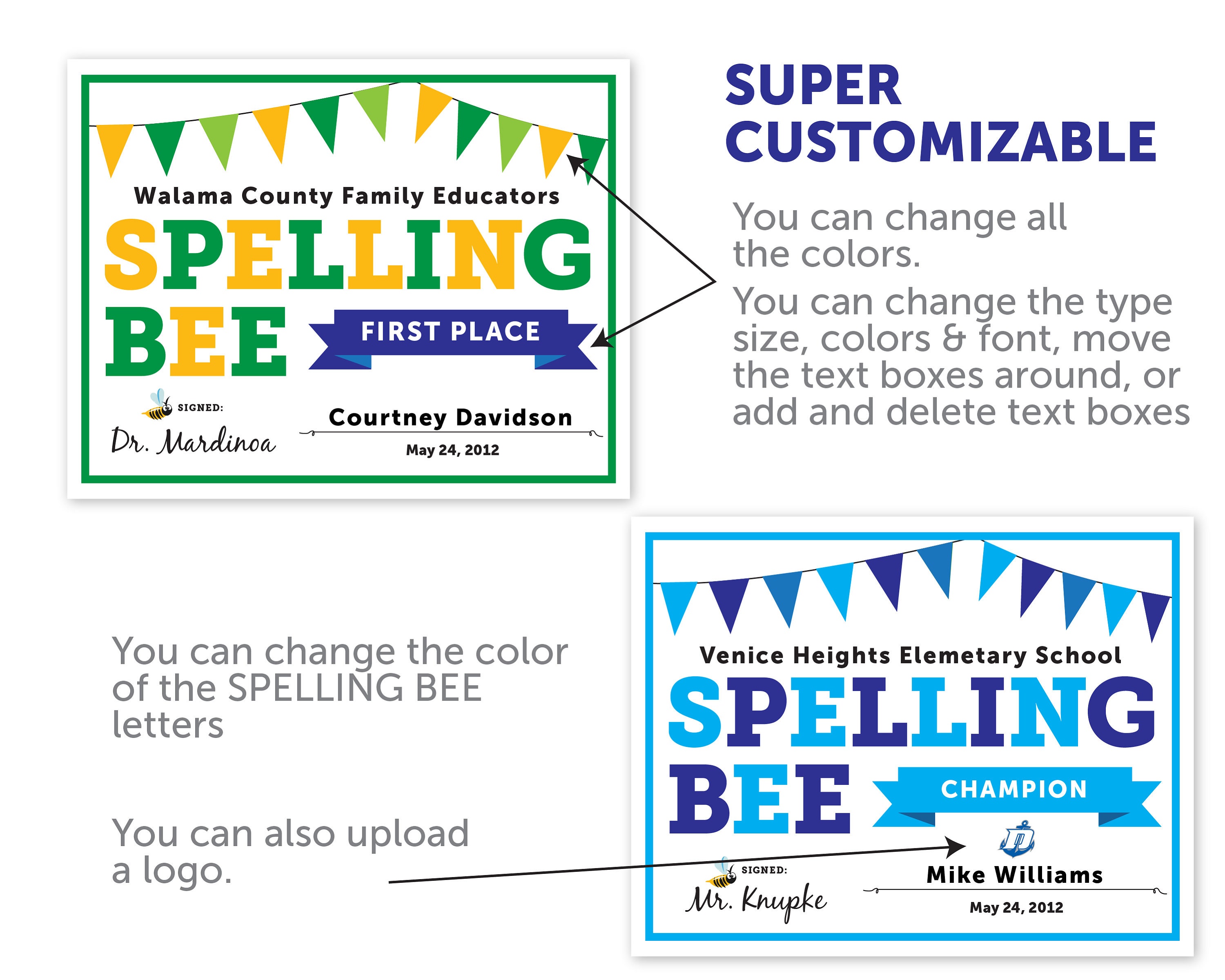 Spelling Bee Awards Certificates | Choose YOUR OWN Colors and Edit ...