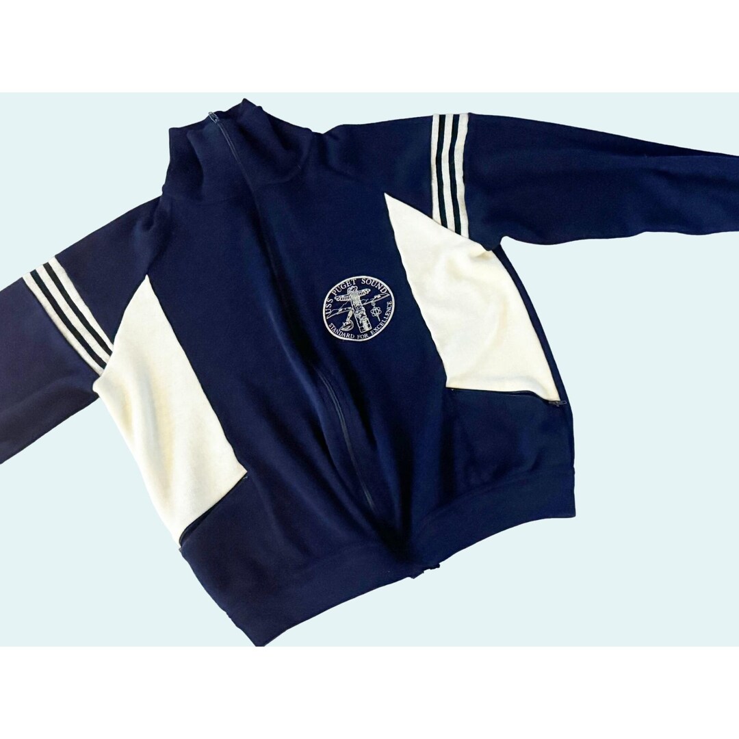 Vintage Navy USS Puget Sound Zip up Sweatshirt Blue Cream Size Small ...