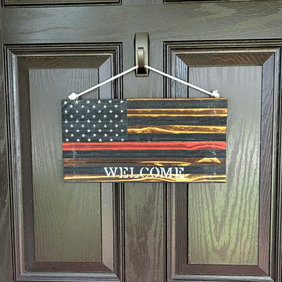Red Line Welcome Sign - Block Letters - Handmade Wooden American Flag ...