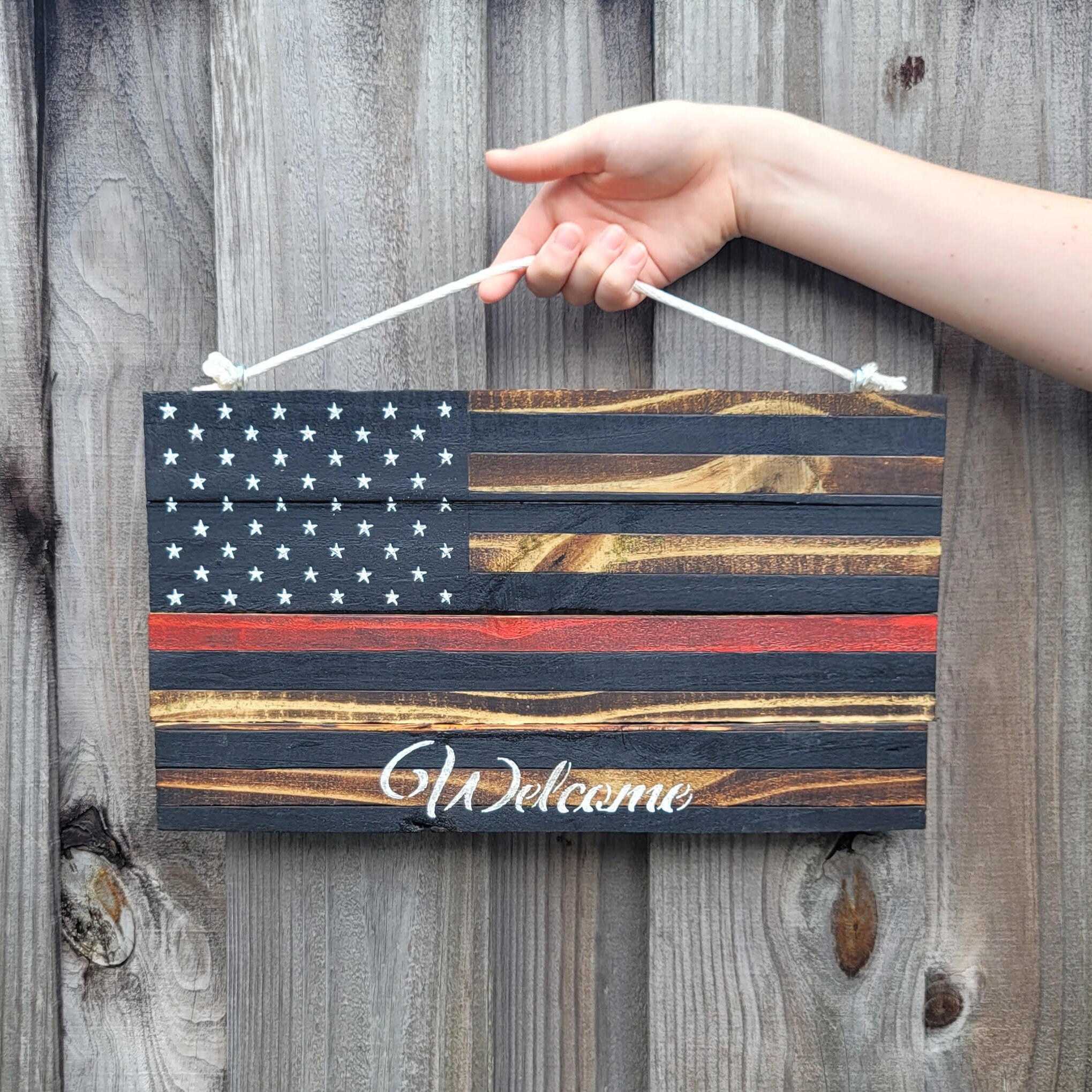Red Line Welcome Sign - Cursive Letters - Handmade Wooden American Flag ...