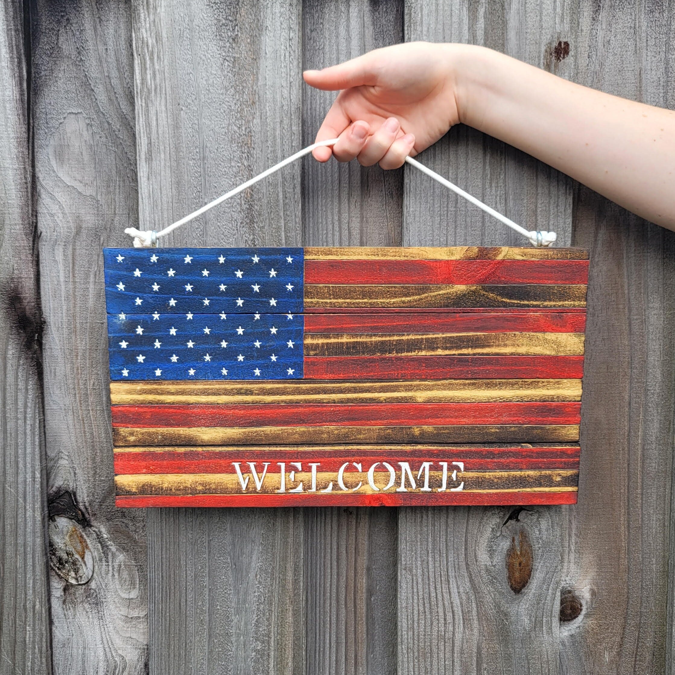 Welcome Sign - Handmade Wooden American Flag - Block Letters - Art Work ...