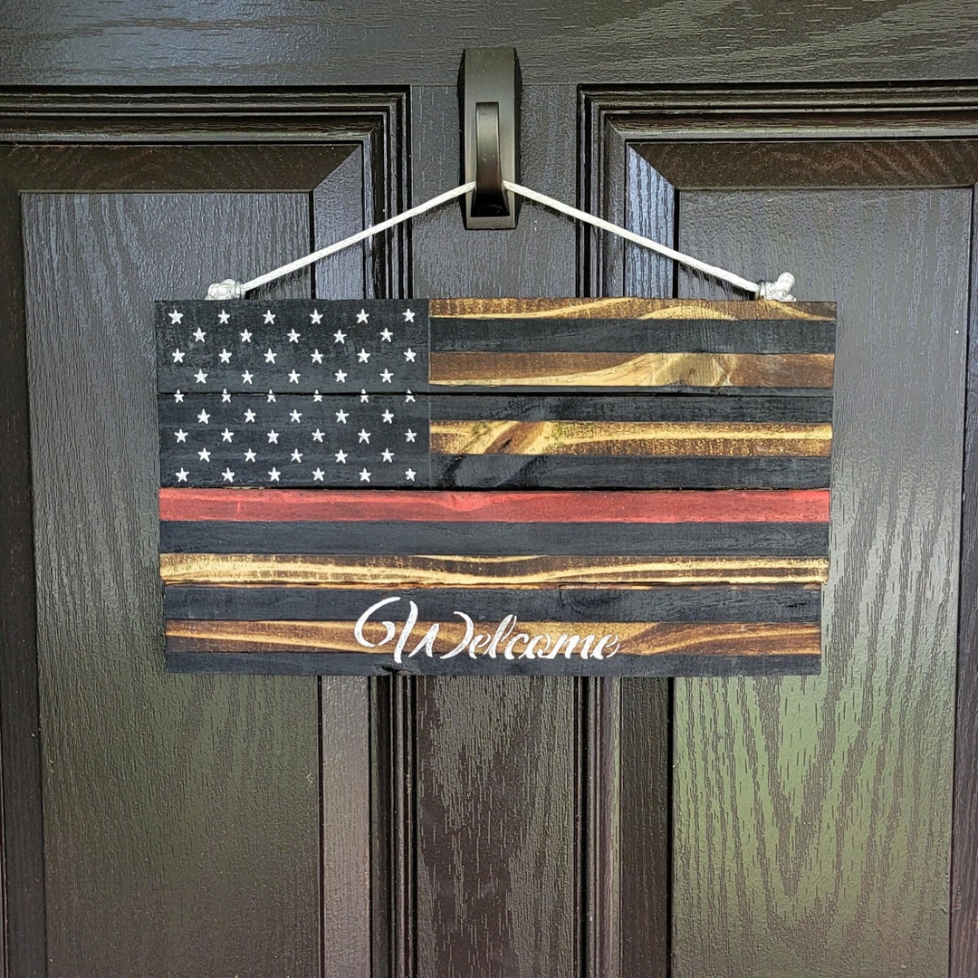 Red Line Welcome Sign - Cursive Letters - Handmade Wooden American Flag ...