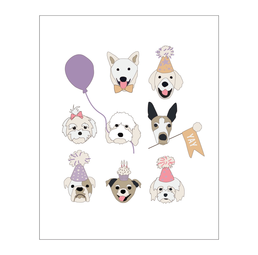 Birthday Puppy Dog Face Posters in Lavender- Tan and White Pups for ...