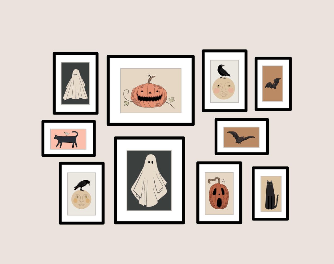 Vintage Halloween Ghosts Bats Pumpkins Black Cats Moon Crow Wall Art ...