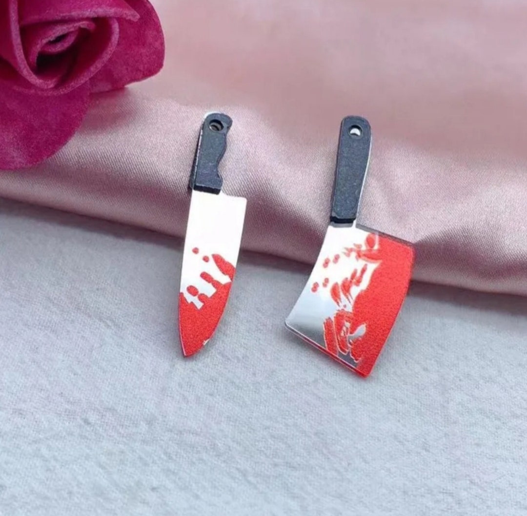 A Pair of Creepy Bloody Knife or Meat Cleaver Pendants Large Halloween ...