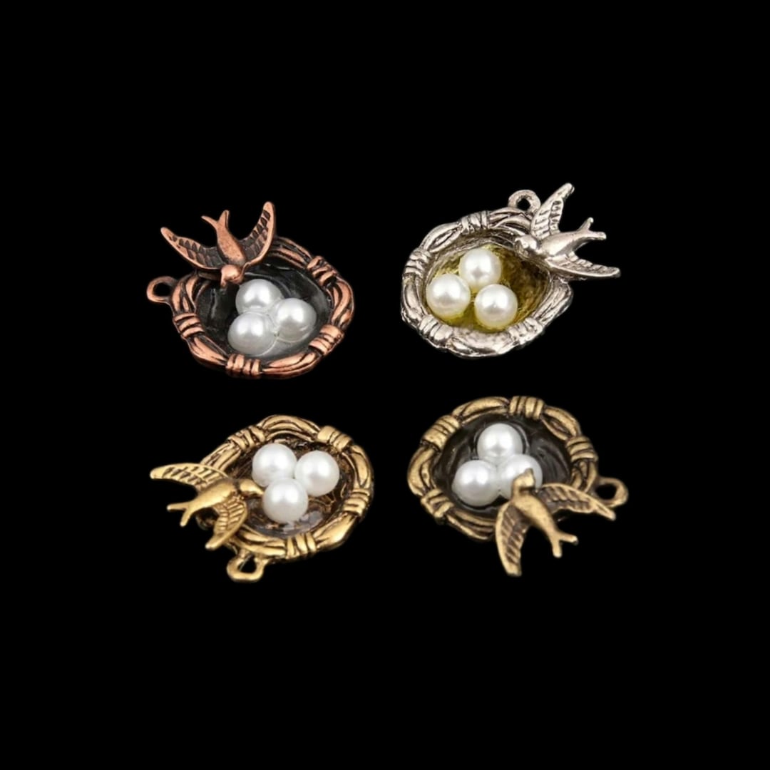 2 Bird's Nest Charms Bird Charms Nests With Faux Pearl Eggs Silver ...