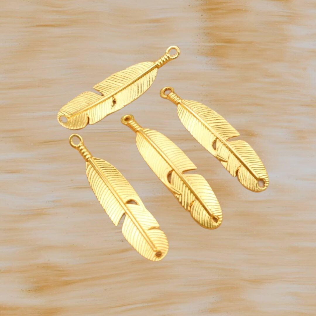 3 Gold Feather Bracelet Connectors Slightly Curved Long Gold Feather ...