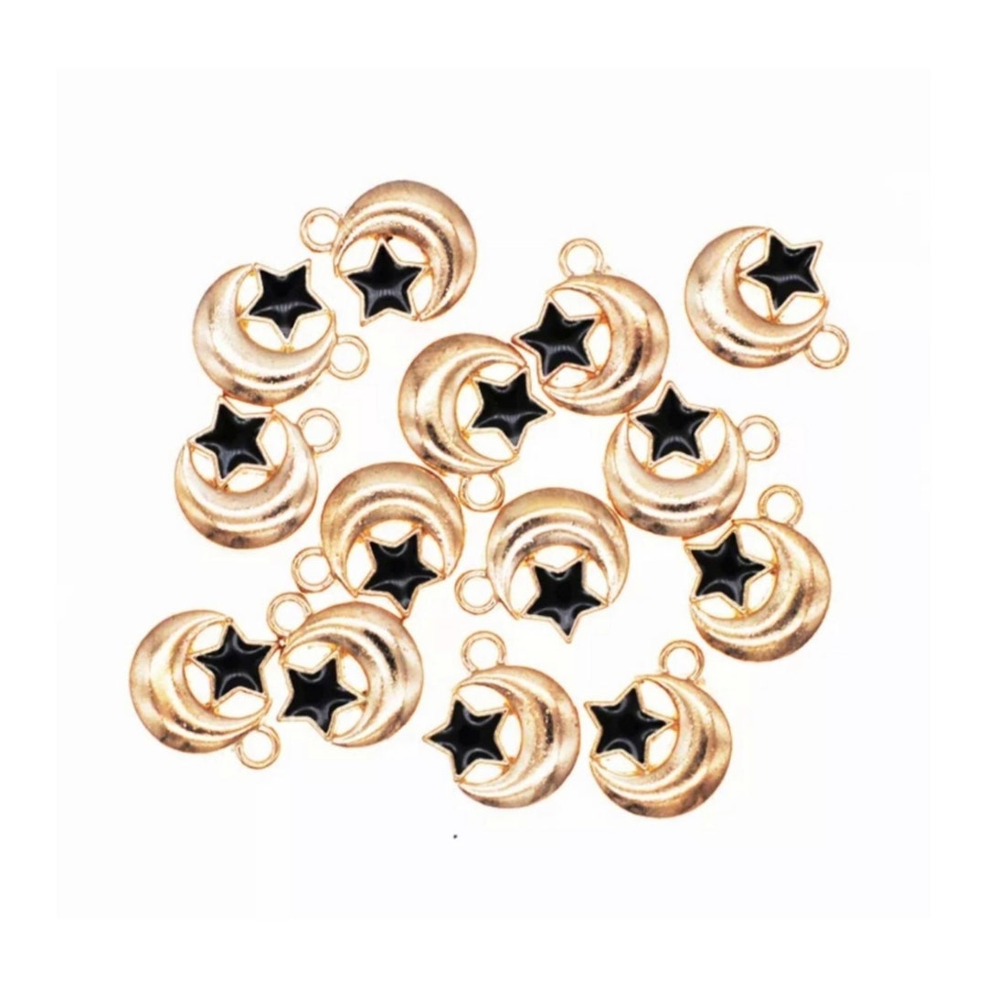 Mini Soft Gold Moon Charms With Black Enamel Star Gold Celestial Charms ...