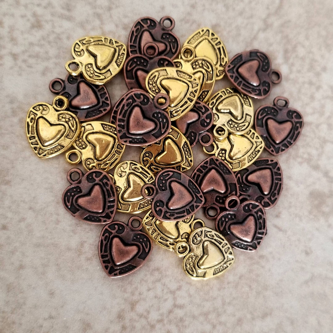 10 Small Heart Charms With Puffed Center Antique Gold or Deep Copper ...