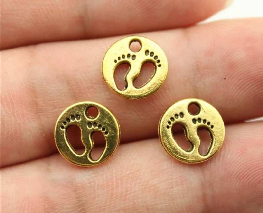 10 Mini Baby Footprint Charms Antique Gold Very SMALL Baby Feet Charm ...