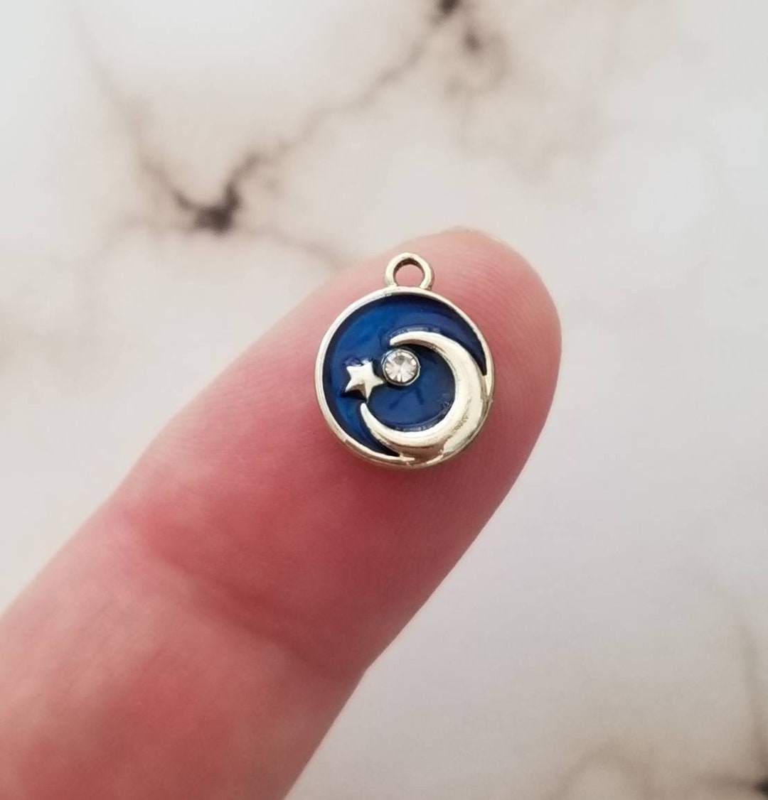 Tiny Celestial Charms Blue Enamel Moon and Star Charms With Crystal ...