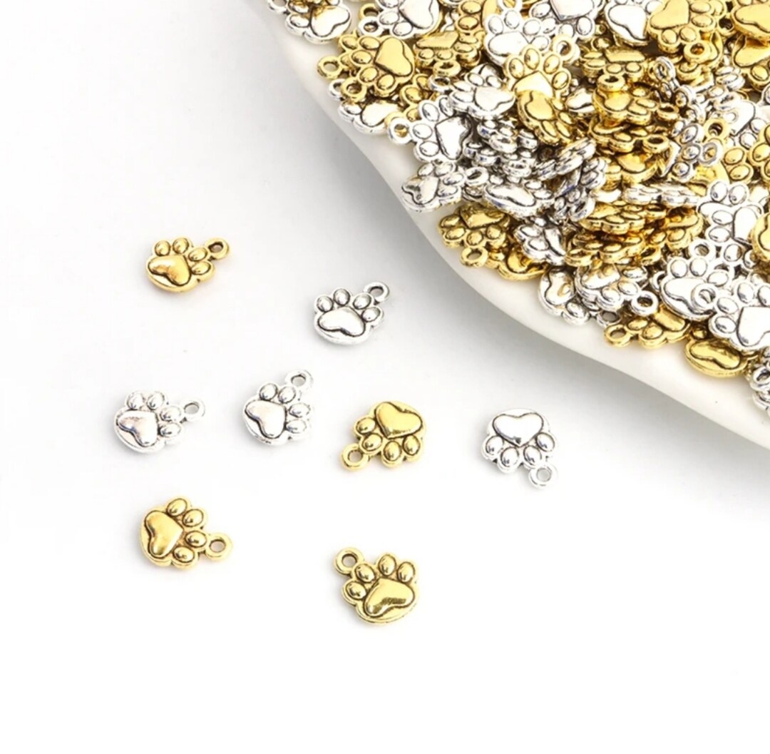 10 Tiny Paw Print Charms Silver or Antique Gold Mini Paw Charms Dog ...