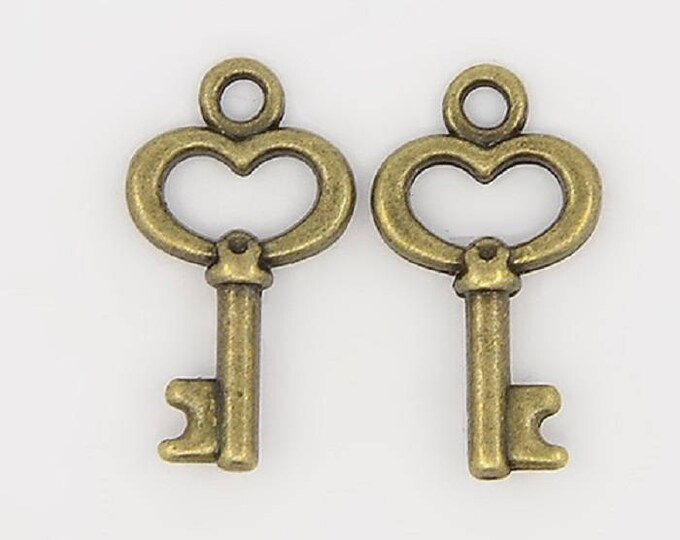 14 Tiny Heart Keys Bronze Darling Mini Key Charms Valentine Love Charm ...