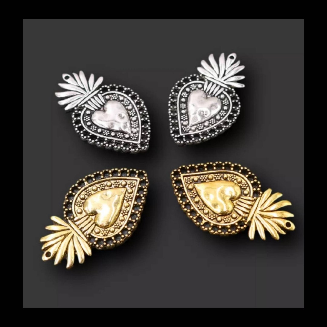 Sacred Heart Pendant Large Milagros Charms Silver or Antique Gold ...