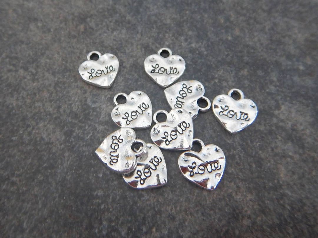 Little Heart Charms With Love in Script Hammered Rustic Choose Qty Mini ...