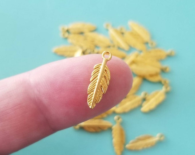 Tiny Gold Feather Charms Mini Feather Charms Lovely Double Sided ...