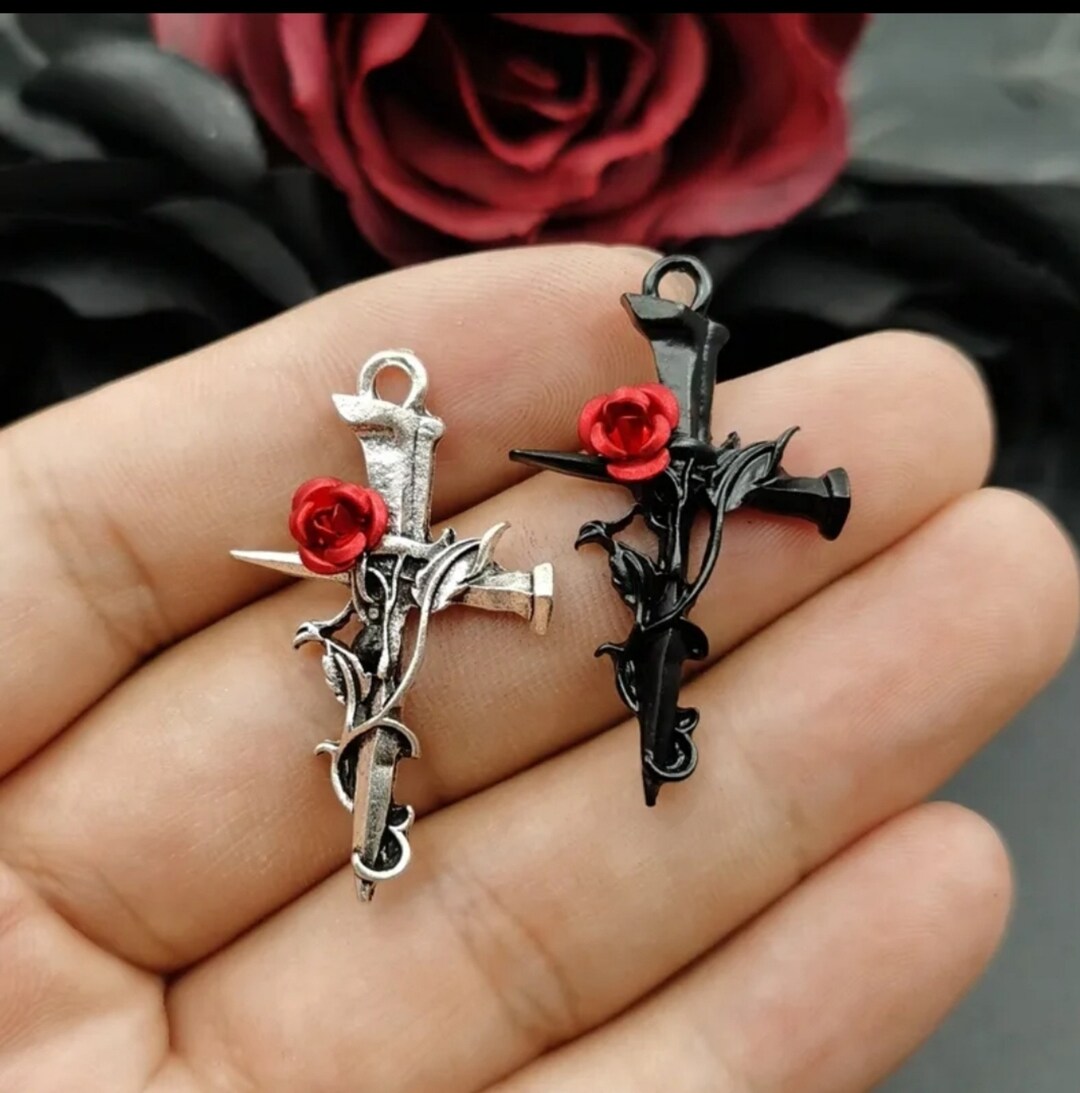 2 Large Cross Pendants Black or Silver Nail Crosses With Red Rose Vine ...