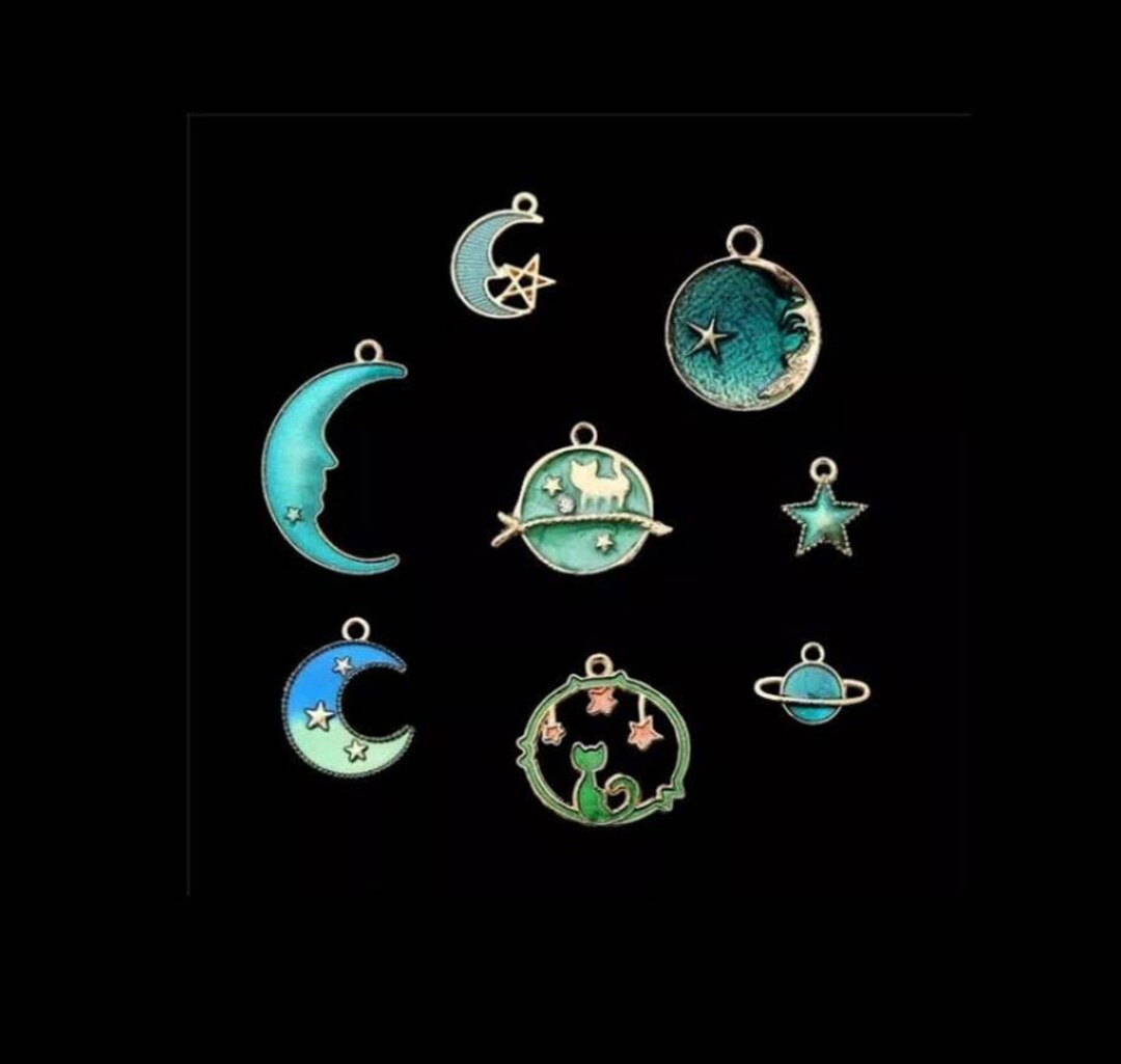 8 Enamel Celestial Charms Blue Green Gold Moon Charms Cat Charms ...