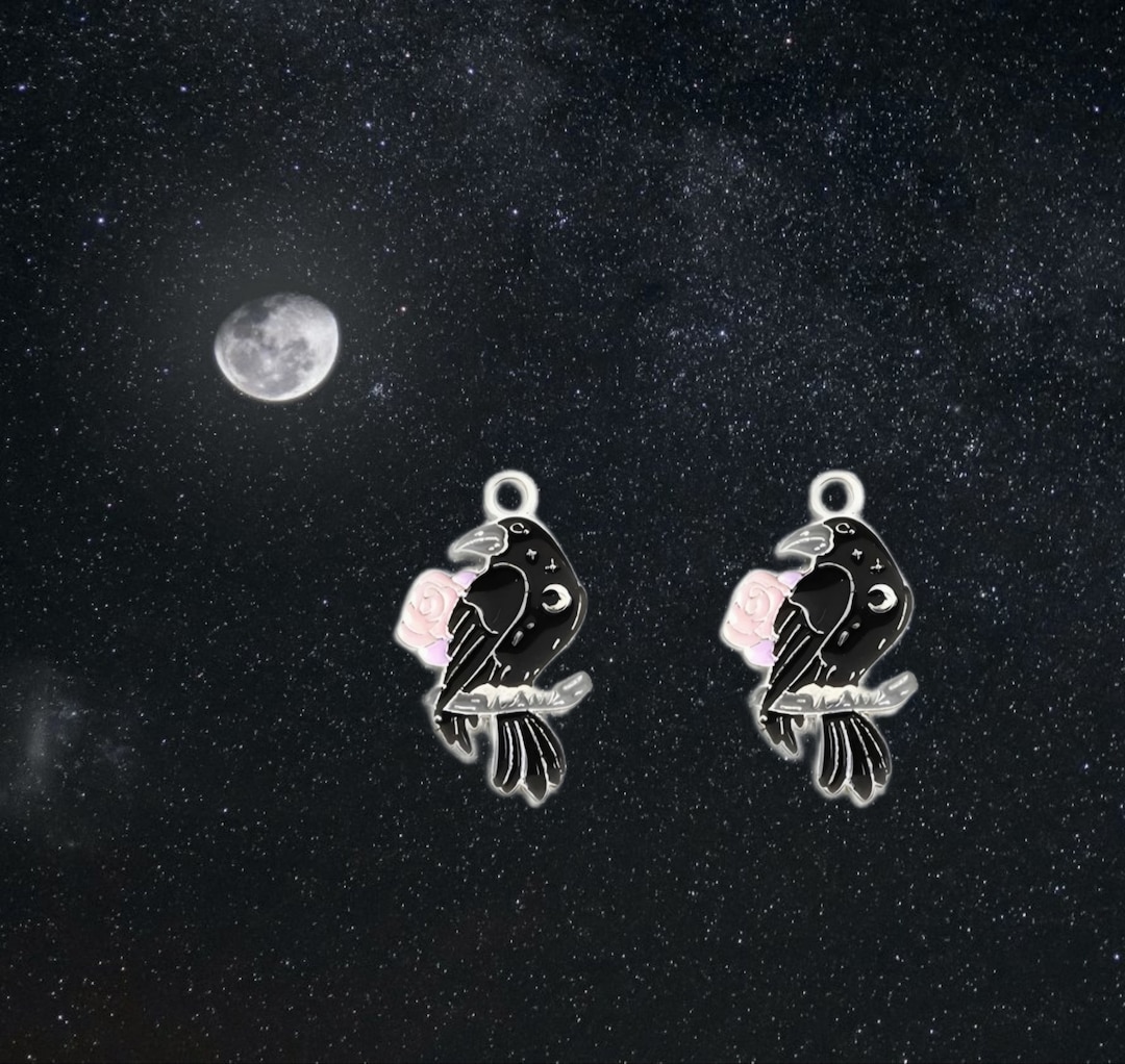 Raven Charms Black Enamel Crow Charms With Moon Purple Flower Charms ...