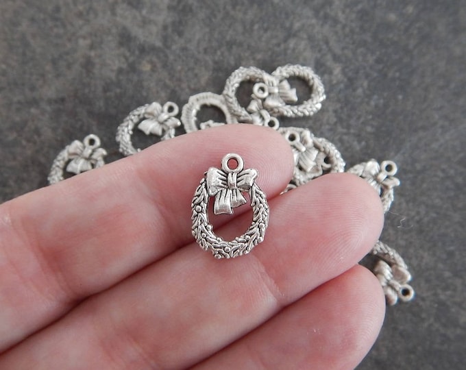 Mini Christmas Wreath Charms Holiday Small Slightly Oval Darker Antique ...