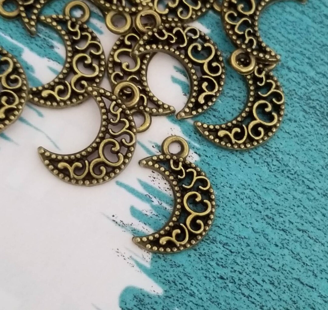12 Little Crescent Moon Charms Celestial Sweet Small Bronze Filigree ...