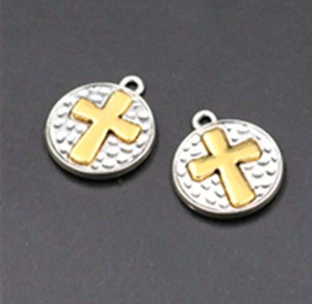 Two Tone Cross Charms Cross Pendants Round Silver Charms With Antique ...