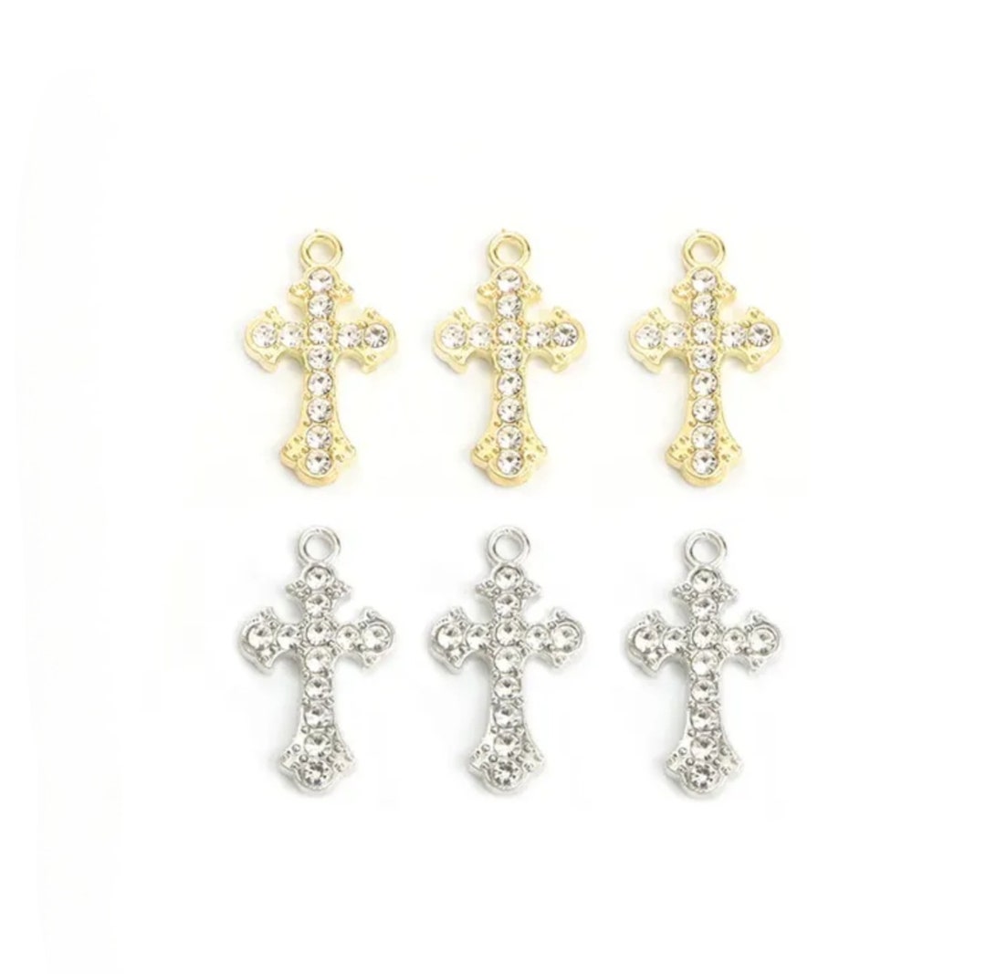 6 Small Cross Charms With Crystal Rhinestones in Silver or Gold ...