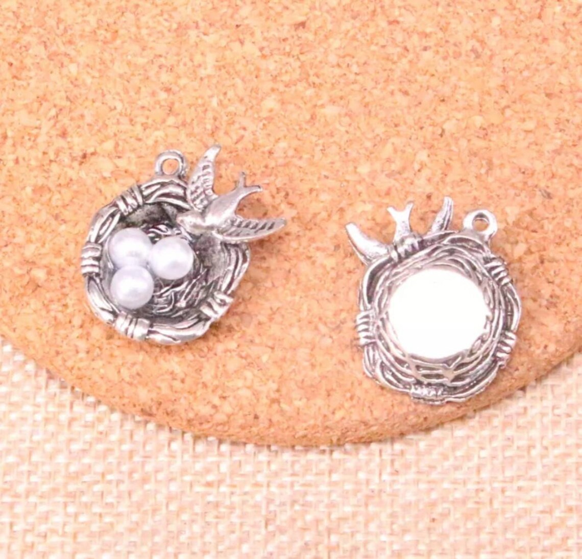 2 Bird's Nest Charms Bird Charms Nests With Faux Pearl Eggs Silver ...