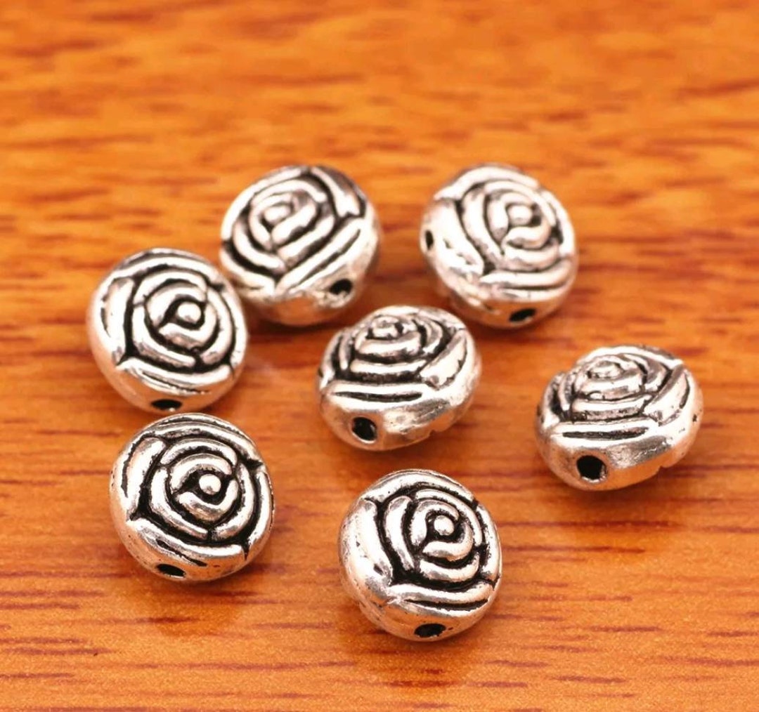 Rose Spacer Beads Lovely Rounded Silver Rose Beads Flower Beads ...