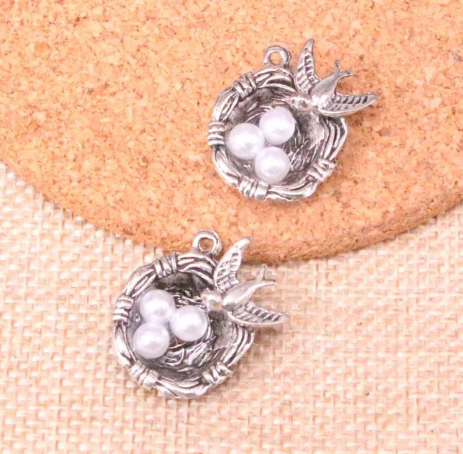 2 Bird's Nest Charms Bird Charms Nests With Faux Pearl Eggs Silver ...