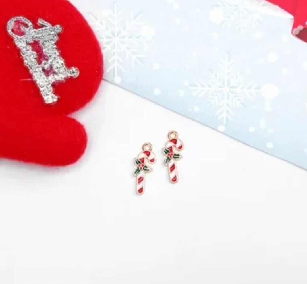 Mini Candy Cane Charms With Holly Red and White Enamel Candy Cane ...