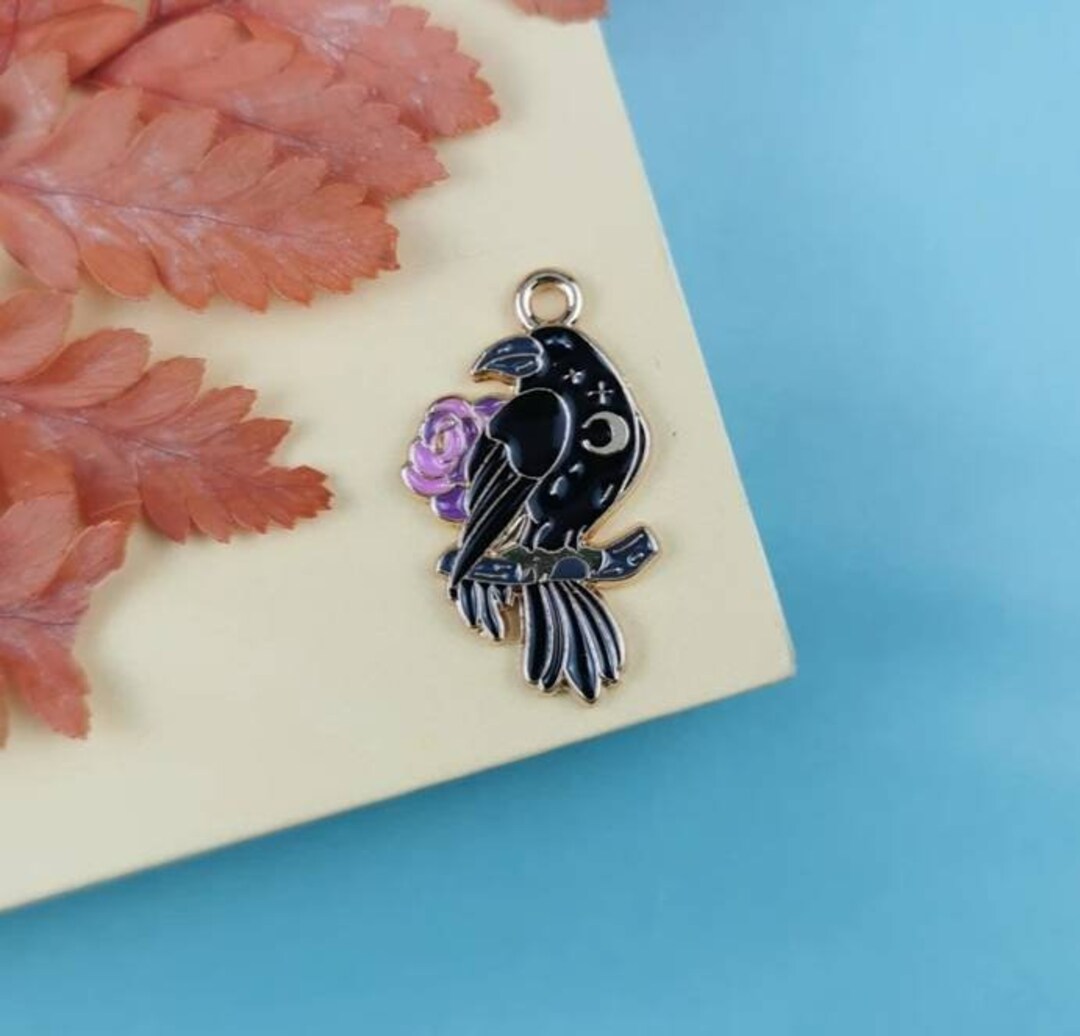 Raven Charms Black Enamel Crow Charms With Moon Purple Flower Charms ...