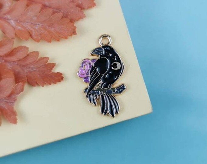 Raven Charms Black Enamel Crow Charms With Moon Purple Flower Charms ...