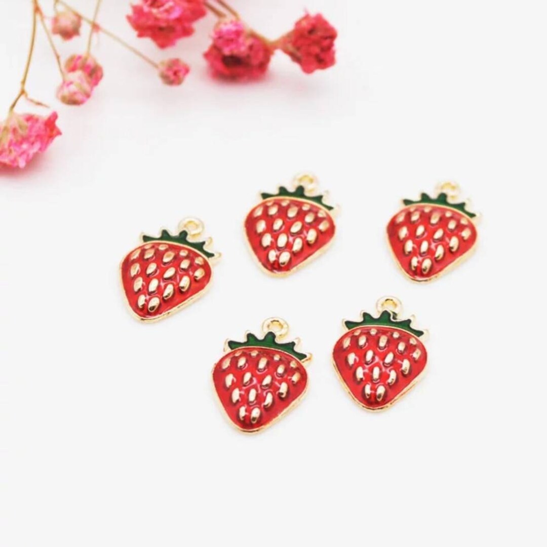 6 Red Enamel Strawberry Charms Realistic Mini Strawberry Charms Fruit ...