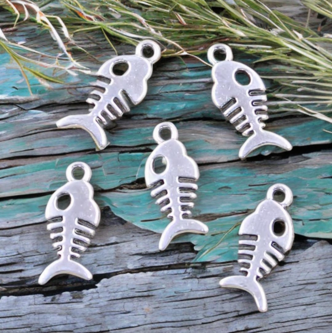 12 Little Fishbone Charms Fish Bone Charms Silver Fishbone Charms Ocean ...