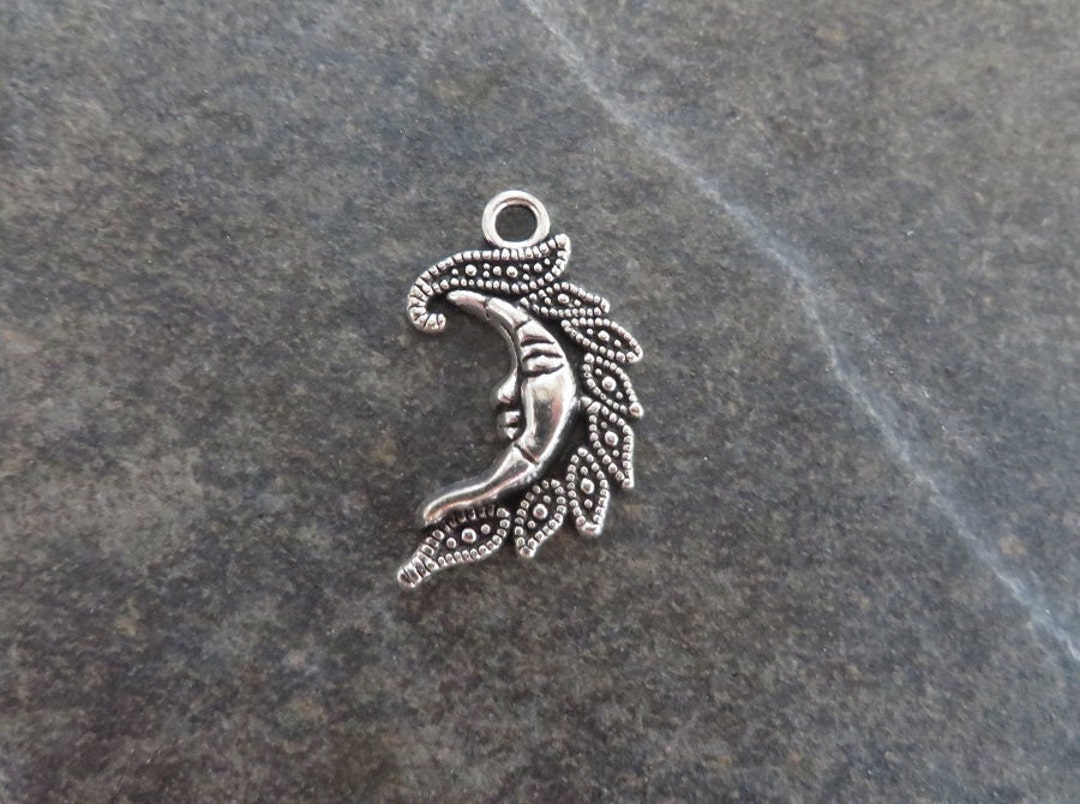 10 Crescent Moon Charms Silver Man in the Moon Charms Fancy Moon Charms Ornate Celestial Charms ...