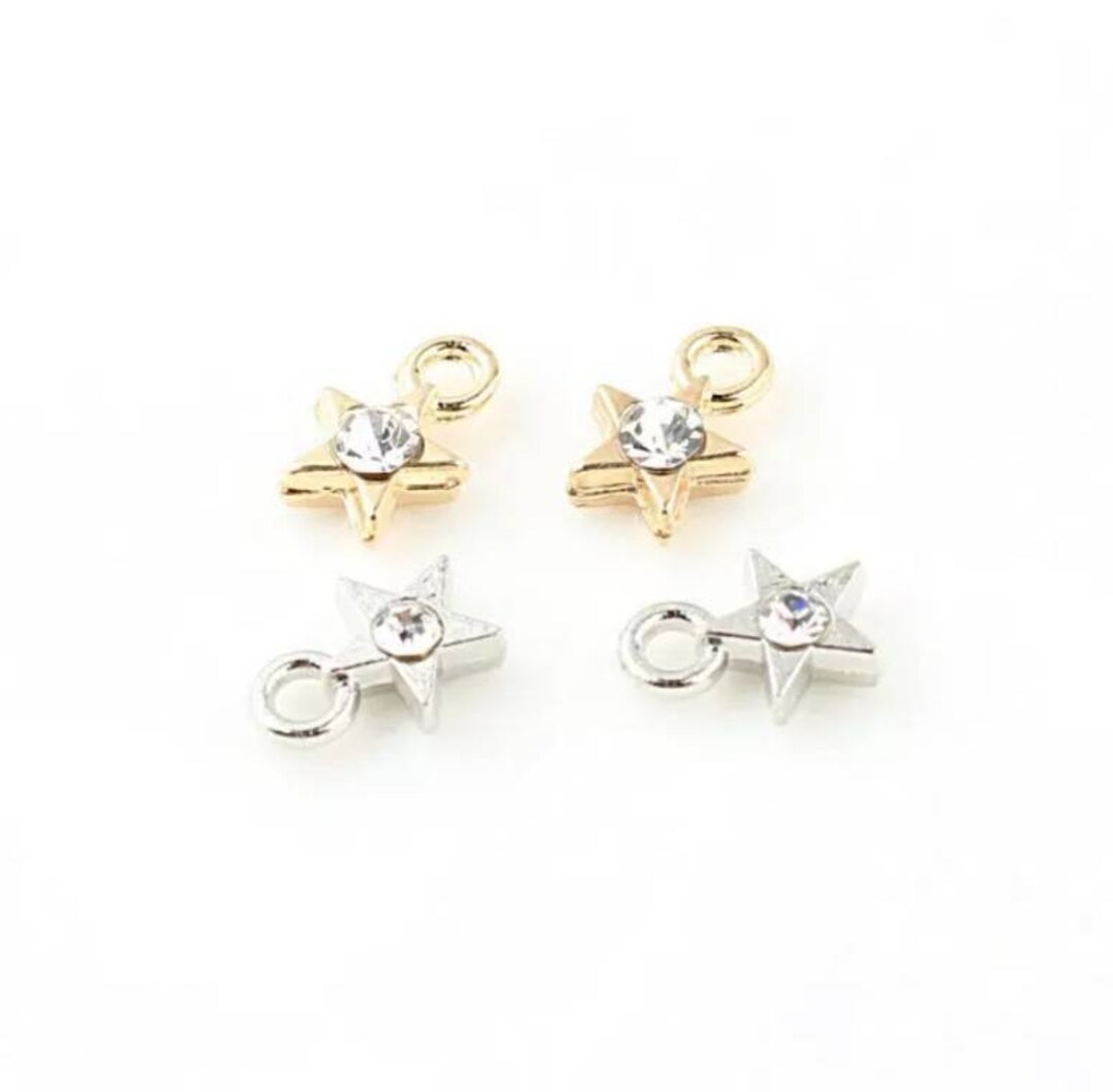 10 Tiny Star Charms With Crystal Rhinestone Accents Silver or Gold Star ...