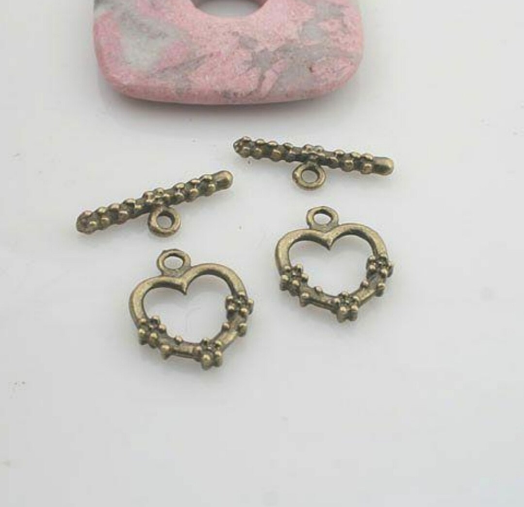 4 Sets of Bronze Heart Toggles With Flower Design Heart Toggle Clasps ...