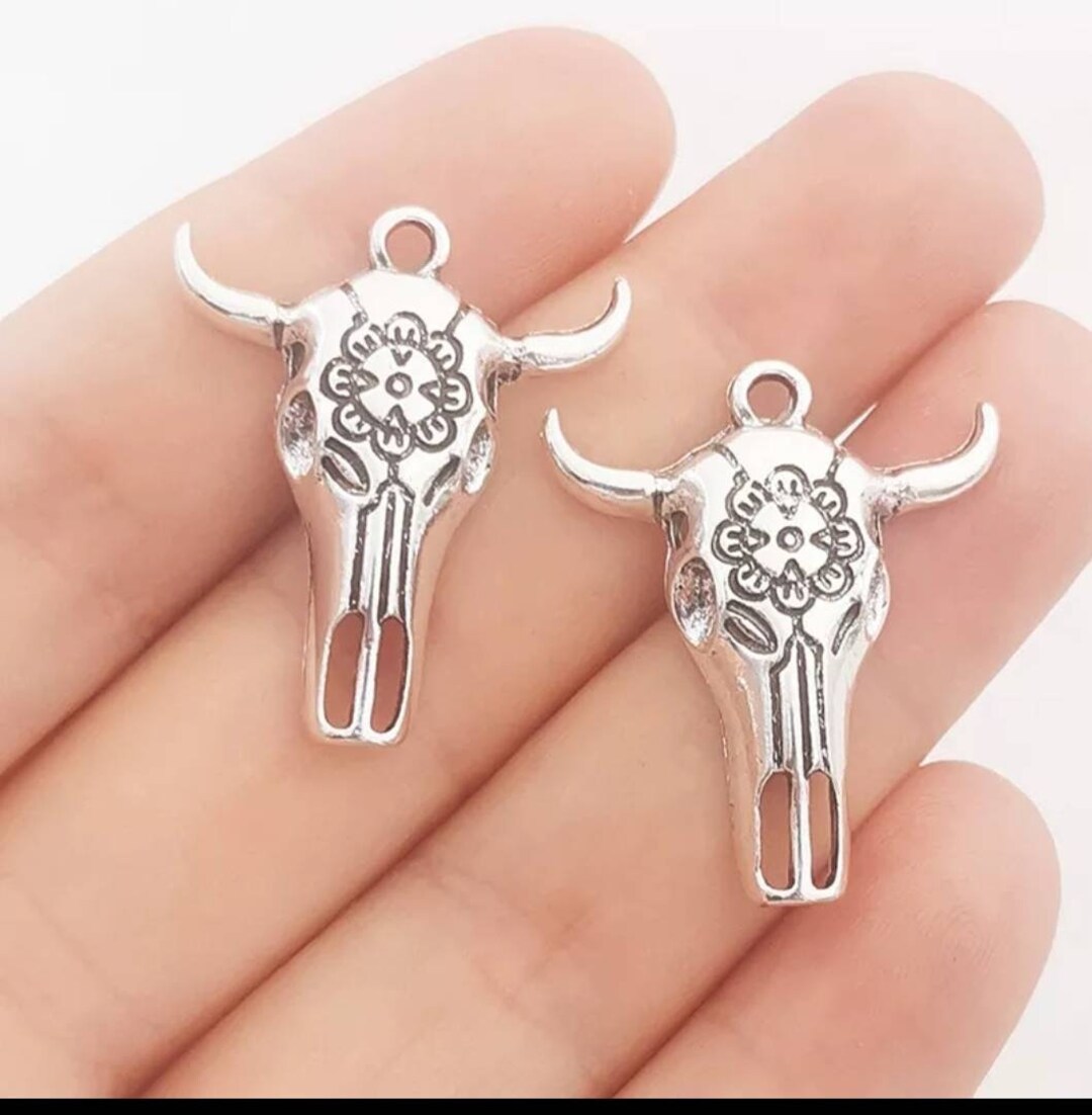 Bull Skull Pendants Large Bull Charms With Flower Design Southwest ...