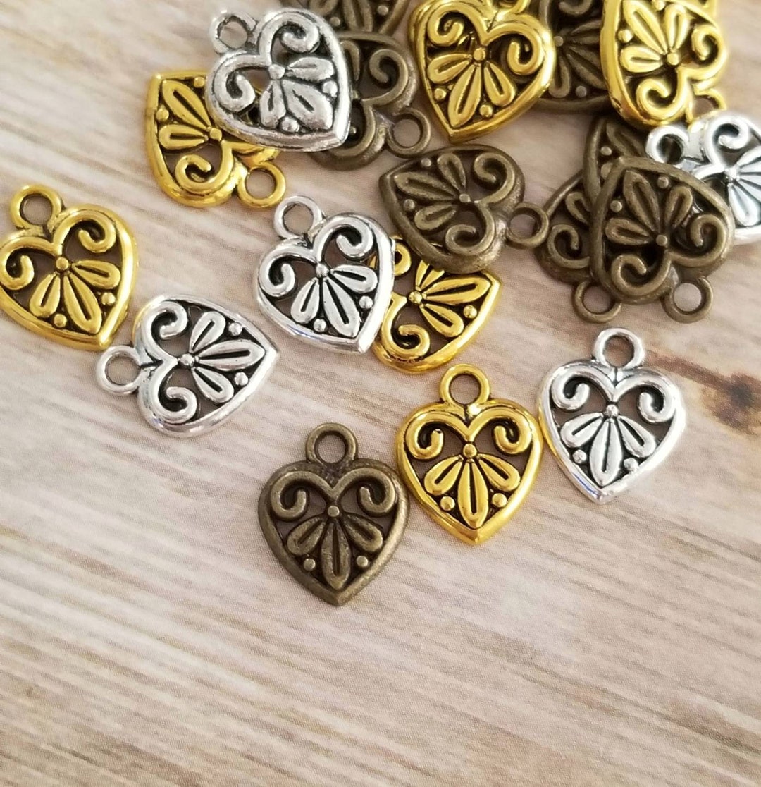 10 Lovely Small Heart Charms Silver Bronze Antique Gold Cut Out Design ...