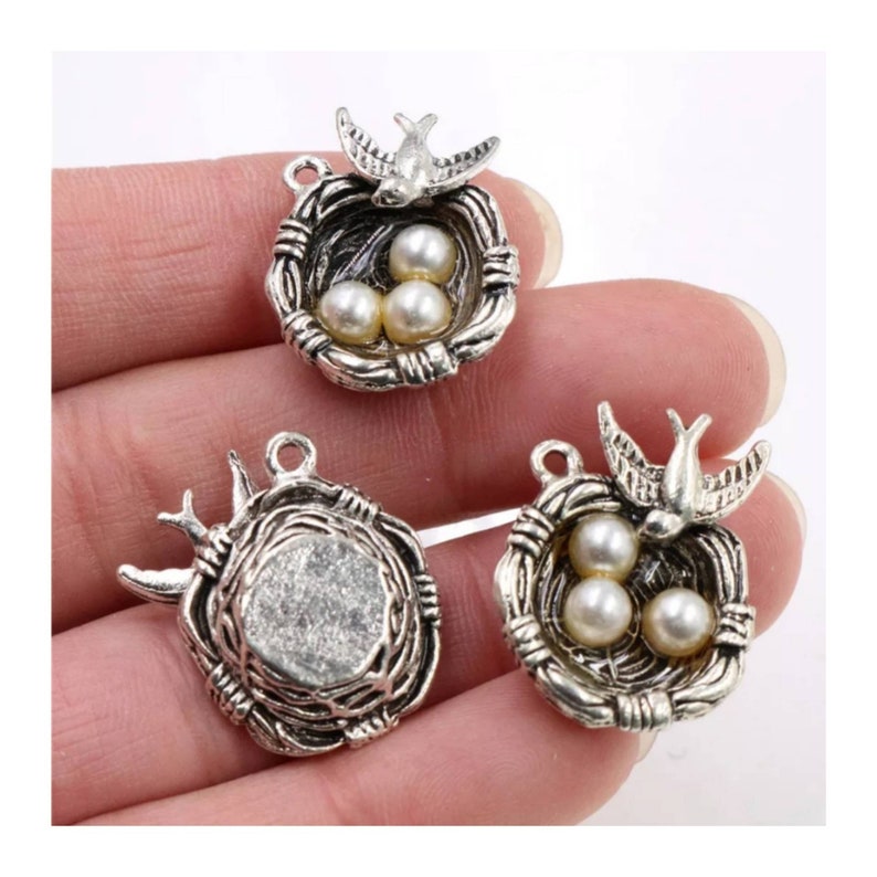 2 Bird's Nest Charms Bird Charms Nests With Faux Pearl Eggs Silver ...