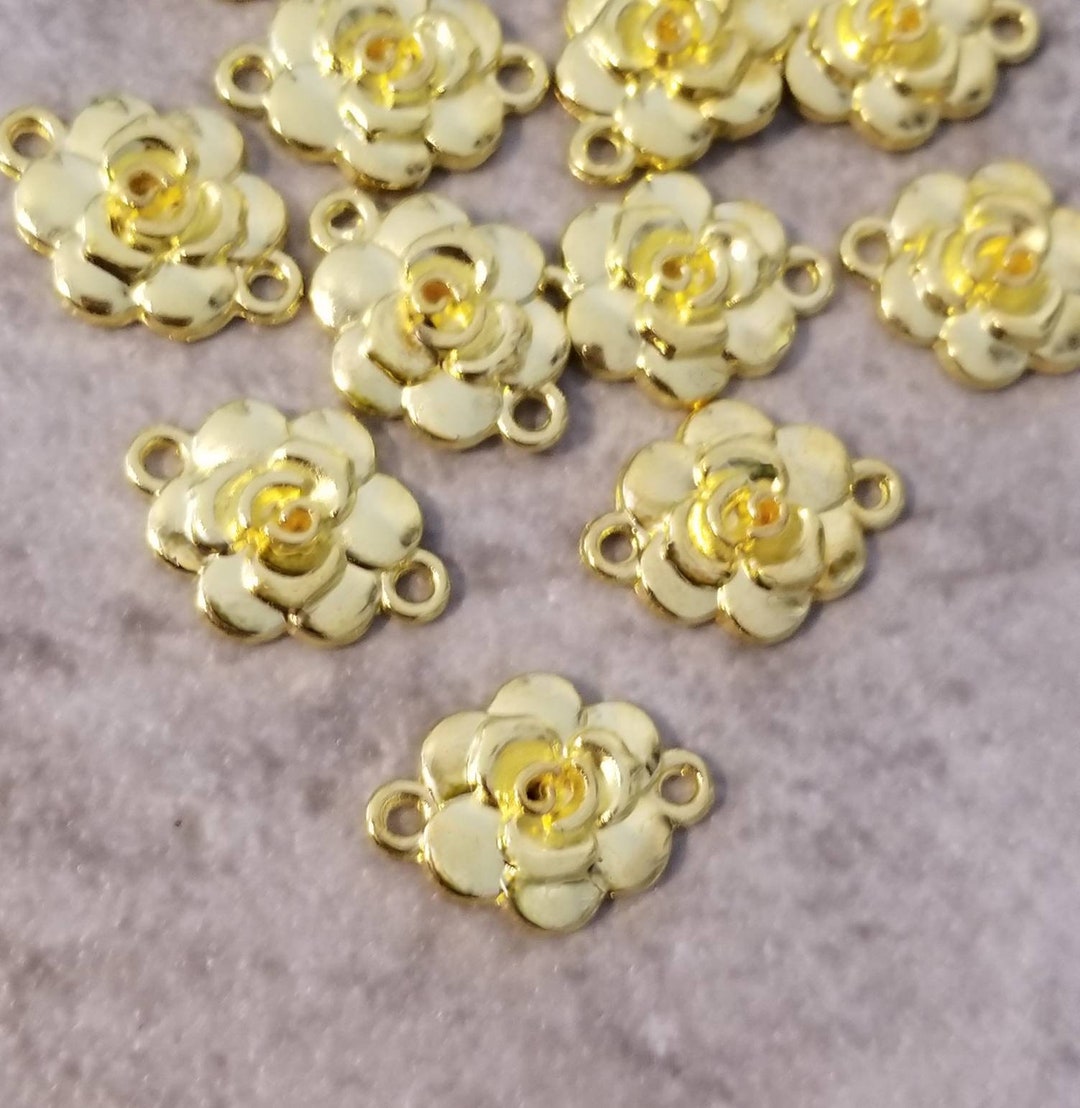 6 Gold Rose Connectors Bright Gold Flower Connectors Yellow Rose Charms ...