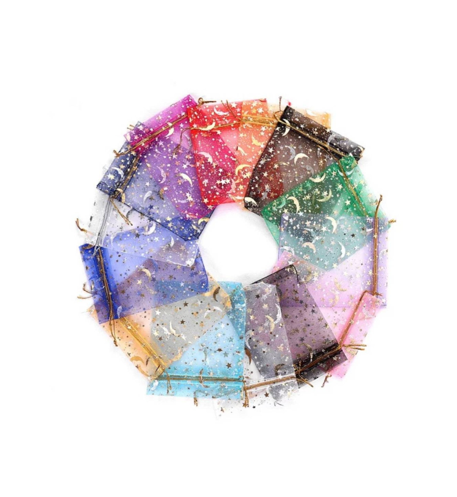 10 Organza Gift Bags With Gold Moon and Stars Celestial Design Colorful Jewelry Bags Small Size ...
