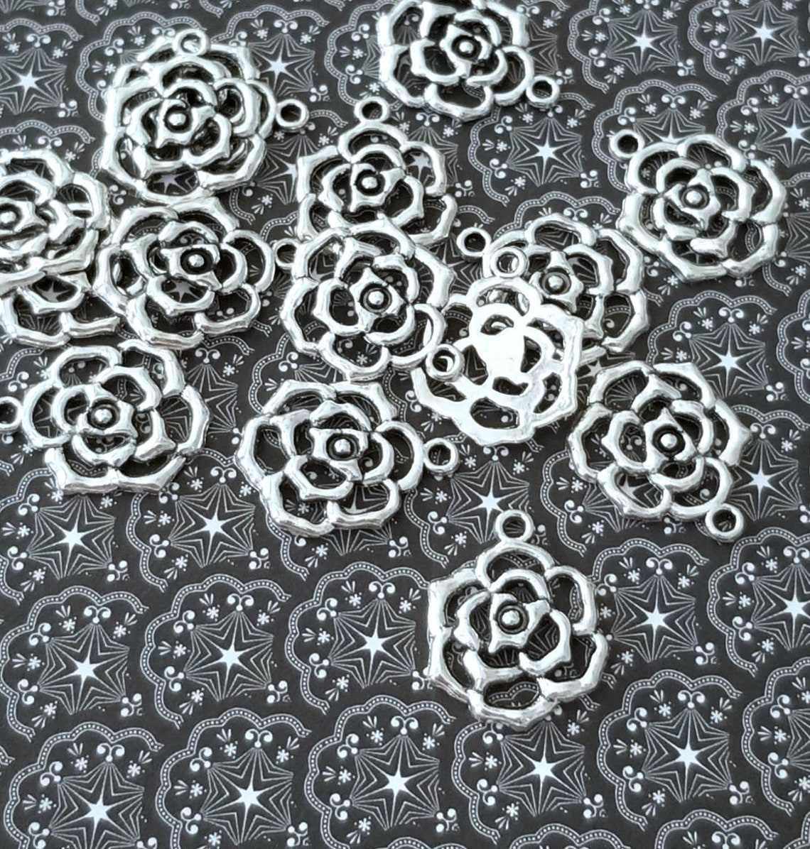 Beautiful Filigree Rose Charms Ornate Flower Silver Roses | Etsy