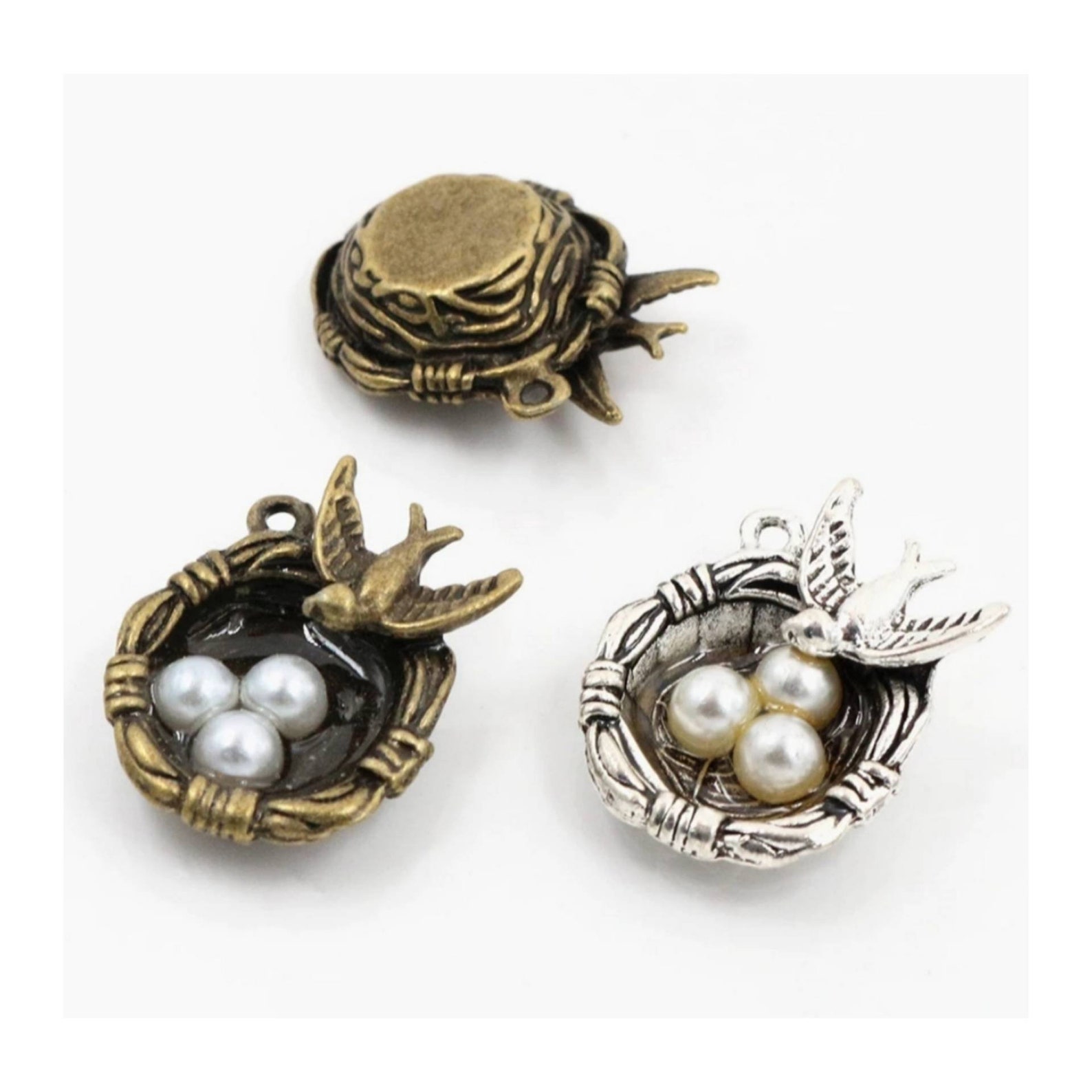 2 Bird's Nest Charms Bird Charms Nests With Faux Pearl Eggs Silver ...